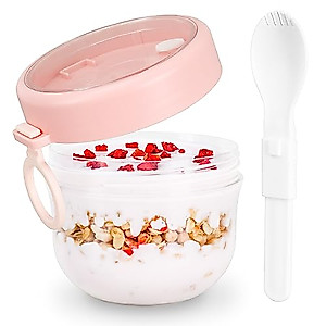 BEWAVE Overnight Oats Containers, 20oz Overnight Oats Jars with Lid and Spoon, Portable Plastic Oatmeal Mason Jar for Yogurt Cereal Milk Vegetable Fruit Salad Storage, Pink