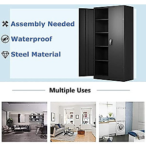Rophefx 2 Doors Metal Storage Cabinet, Tall Locking Storage Cabinet with 4 Adjustable Shelves for Warehouse, Garage, Home Office, Black