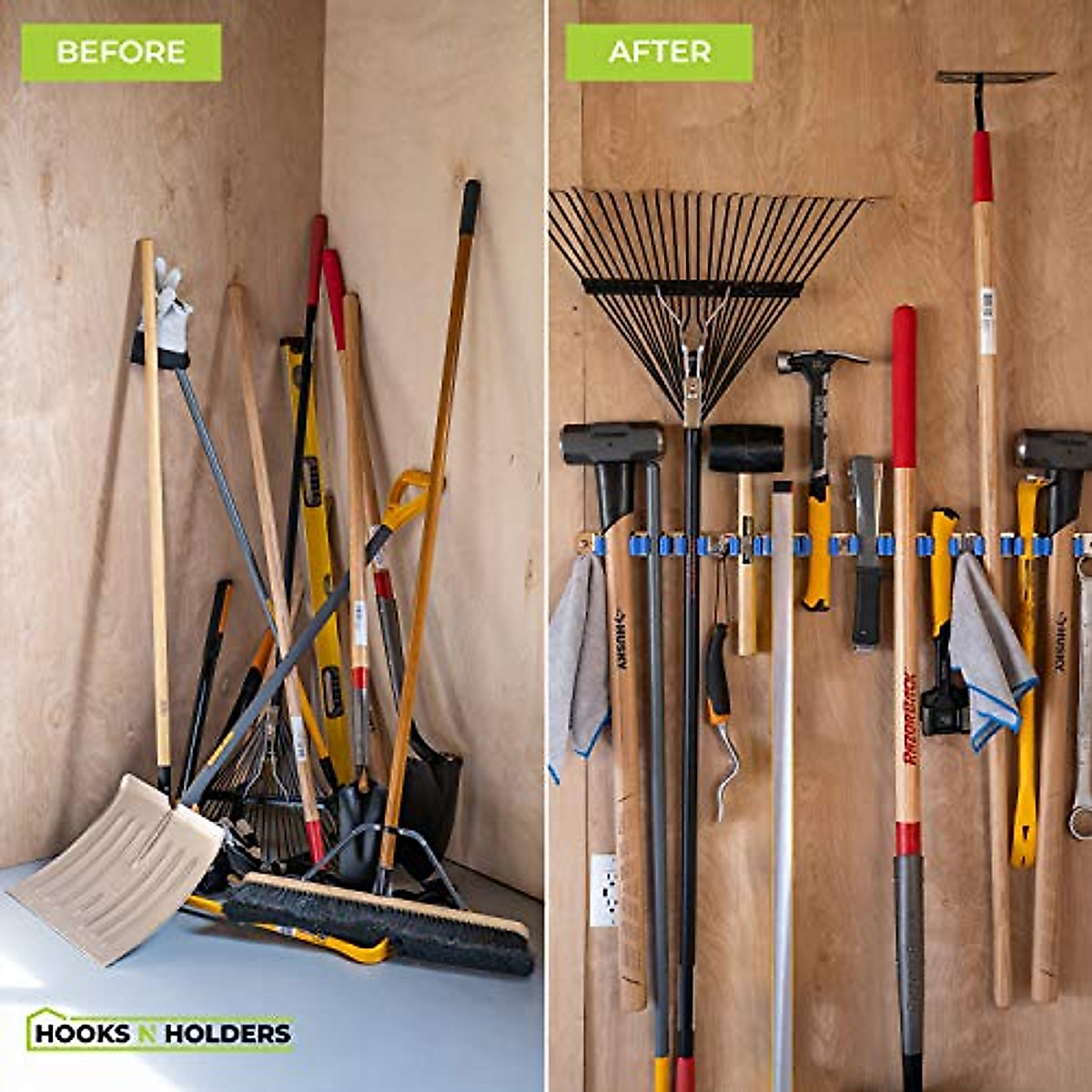 Tool Organizers and Storage 12 Slots and 6 Hooks Wall Mounted Garden Tool Rack, Garden Tool Organizer, Broom Holder Wall Mount, Garage Tool Organization and Storage, Industrial Steel Hooks N Holders