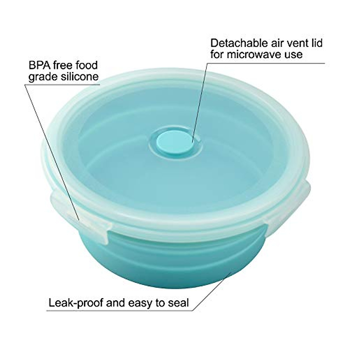 ULEE Silicone Collapsible Food Storage Containers,Set of 4 Round Folding Silicone Lunch Box,Microwave and Freezer Safe (Blue, Round)