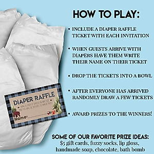 Amanda Creation Oh Boy! Outdoorsy Blue and Black Plaid Lumberjack Diaper Raffle Tickets for Boy Baby Showers, 20 2" X 3” Double Sided Inserts, Bring a Pack of Diapers to Win Favors &