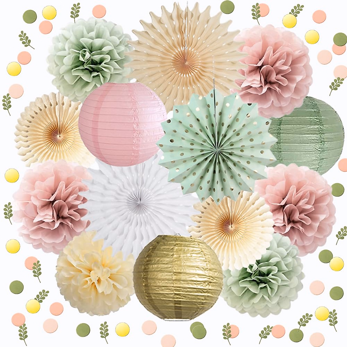 Sage Green and Pink Party Decorations Sage Blush Pink Baby Shower Decorations Paper Pom Poms Paper Fans Green Pink Confetti Dots Scatter Table Decoration for Sage Blush Birthday Wedding Party Decor