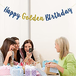 Talorine Happy Golden Birthday Banner, Happy Birthday Party Decor, 21st, 25th, 30th, 40th 50th 60th Birthday Party Decorations (Blue & Gold Glitter)