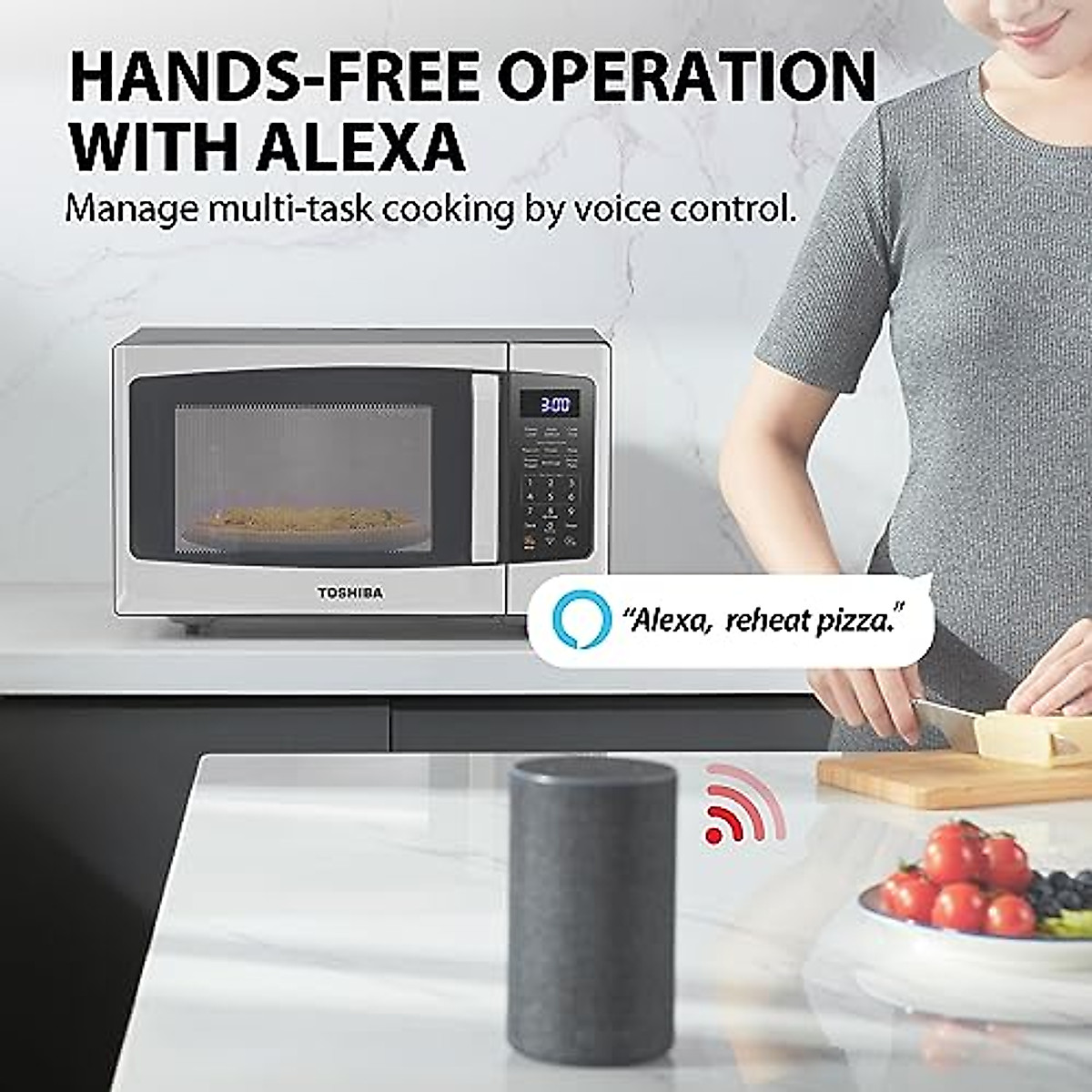 TOSHIBA ML-SEM23P(SS) Smart Countertop Microwave, Voice Control with Alexa, Free Recipes in APP, Kitchen Essentials, Mute Function & ECO Mode, 900W, 0.9 Cu Ft, With 10.6" Turntable, Stainless Steel