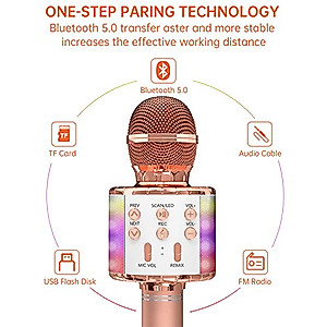 OVELLIC Karaoke Microphone for Kids, Wireless Bluetooth Karaoke Microphone with LED Lights, Portable Handheld Mic Speaker Machine, Great Gifts Toys for Girls Boys Adults All Age (Rose Gold)