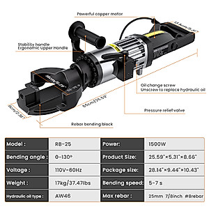 Anbull 1500W Electric Rebar Bender,Hydraulic Rebar Bending Machine Bending up to 1 Inch #8 25mm Rebar with an Extra Set of 10-18mm #3 - #6 Rebar Bending Head, Rebar Bending Angle 90 Degrees or Greater