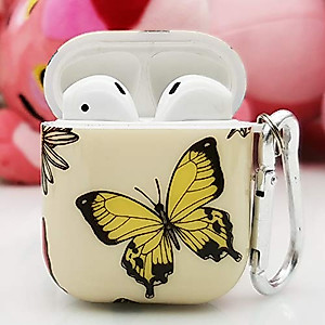 Butterfly AirPods Soft TPU Case for Airpods 2 Cover Portable Cute Flower Airpod Vivid Case for Apple AirPods 1 & 2 Protective Shockproof Case with Keychain (Yellow Butterfly)
