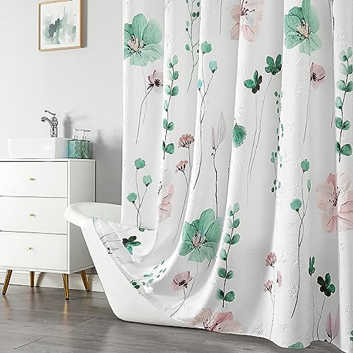 QiyI Watercolor Floral Shower Curtain, 3D Embossed Butterflies Sage Green Flower Bathroom Curtain, Minimalist White Cloth Bath Curtain, Waterproof Fabric Textured Shower Curtain Set with Hooks, 72x72
