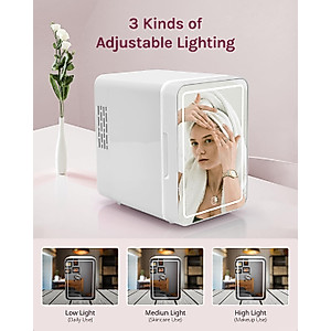 FETIONS Mini Skincare Fridge with Adjustable LED Make Up Mirror, Portable Refrigerator 4L/6 Can Cooler & Warmer, Compact for Skincare,Food and Drinks, Small Fridge for Bedroom,Dorm,Car,Office, White