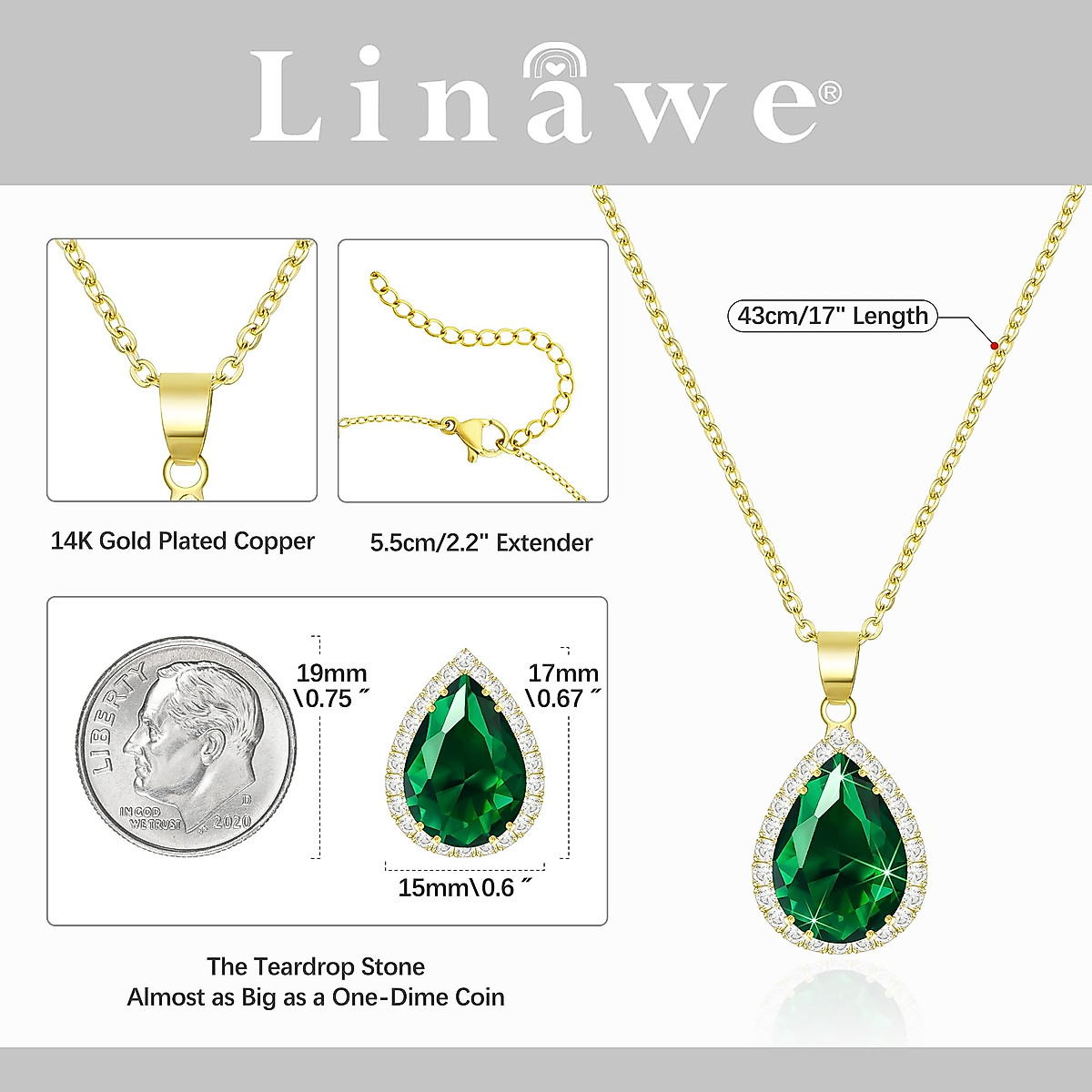 Linawe Emerald Crystal Chain Necklace for Women Trendy, Green Diamond Pendant, Cubic Zirconia Birthstone Rhinestone Teardrop, Preppy Dainty Boho Summer Beach Jewelry