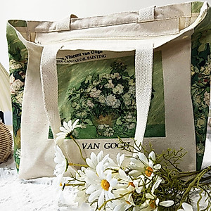 BROADREAM CanvasAesthetic - Zippered Tote Bag with Interior Pocket by Shoulder for Women Shopping