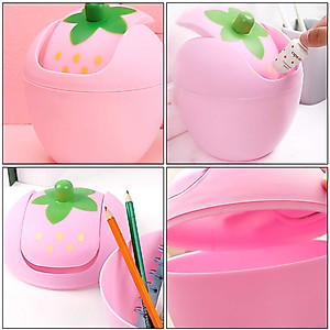 Cute trash bin Strawberry Desk Trash Can Small Plastic Storage Baskets Counter Top Garbage Can Kawaii Trash Bin Pen Holder Desk Organizer with Swing Lid for Home Car rubbish bin Pink small trash bin