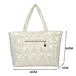 Large Quilted Tote Bag with Zip for Women Lightweight Winter Down Cotton Padded Plaid Shoulder Bags Down Padding Handbags with 2 inner Pockets and an Outer Zip Pocket