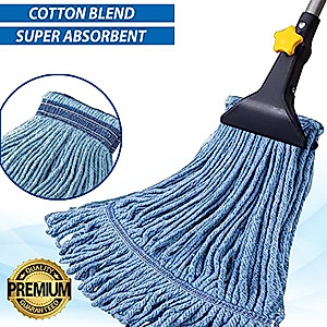 (3 Pack) Mop Head Replacement, Mop Heads Commercial Blue Cotton Looped End String, Wet Industrial Cleaning Mophead Replacements Refill, Reusable Washable Mops for Floor Cleaning Heavy Duty Mopheads