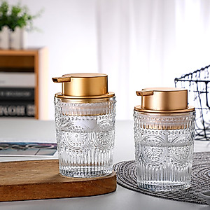 MKLZ 8 Oz Glass Foam Soap Dispenser, Clear Hand Liquid Bottles with Gold Plastic Pump, Refillable Round Foaming Lotion Dispensing for Kitchen Sink & Bathroom Counter