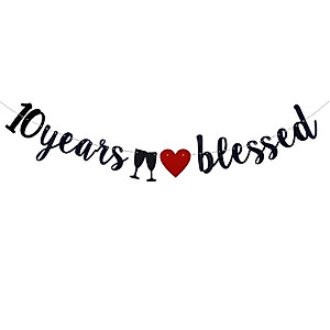 MJJLT 10 Years Blessed Black Paper Sign Banner for Boy/Girl's 10th Birthday Party Supplies,Pre-Strung 10th Wedding Anniversary Party Decorations