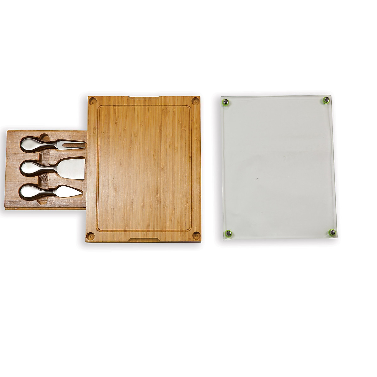 TOSCANA - a Picnic Time brand Concerto Glass Top Cheese and Knife Set - Charcuterie Set - Glass Top Cutting Board, (Bamboo)