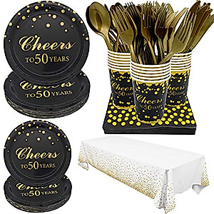 Pandecor 50th Birthday Party Supplies -Serves 20-142 PCS Disposable Tableware Set,Includes Table Cover,Dinner Plates,Dessert Plates,Cups,Napkins,Forks,Knives and Spoons for 50 Years Anniversary Party