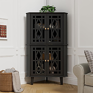 Scurrty Tall Corner Shelf Stand, Large Shelf Corner Table Sideboard Cabinet with 4 Doors and 4-Tier Shelves, Free-Standing Corner Storage Organizer for Living Room, Dining Room & Bathroom (Black)