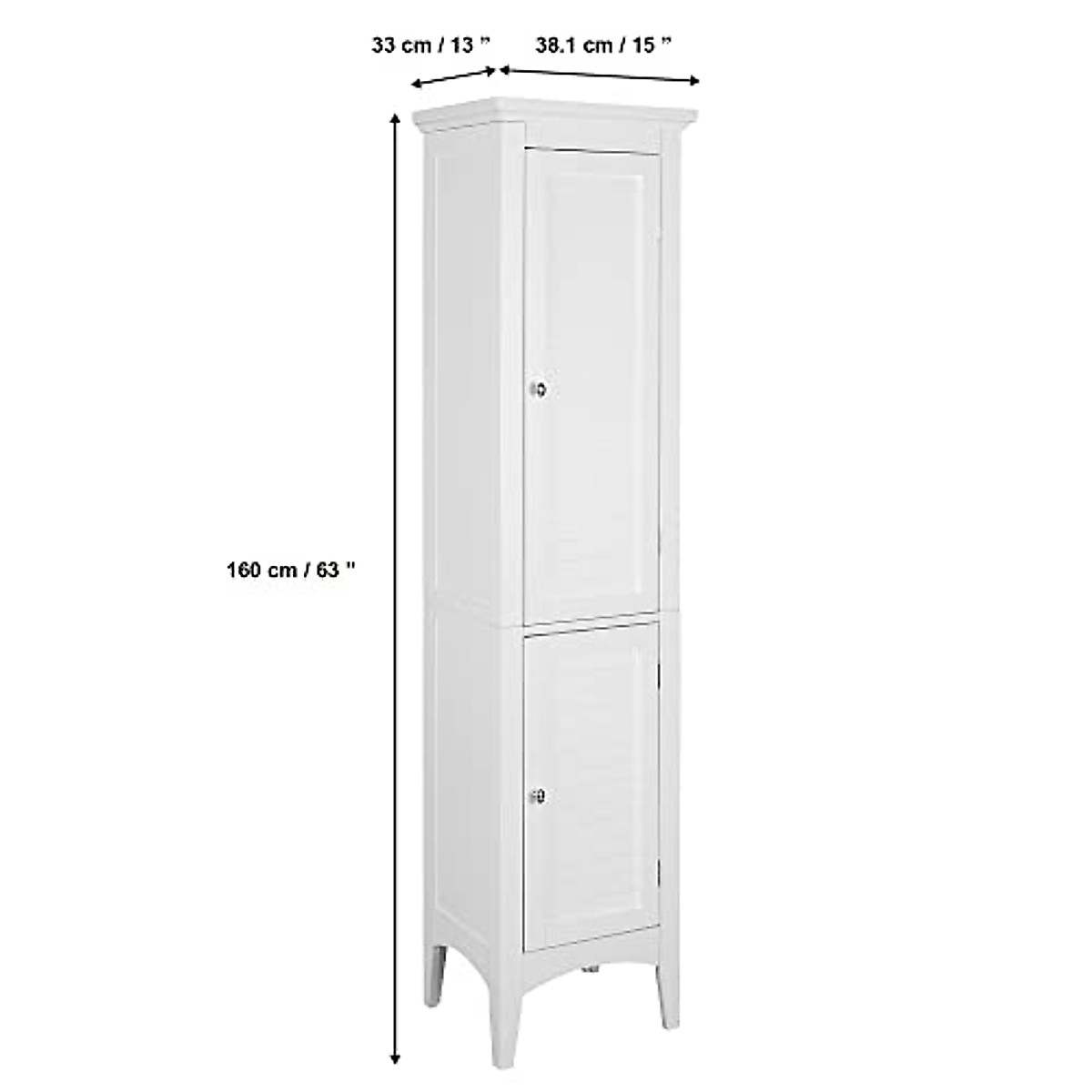 Elegant Home Fashions Glancy Linen Tower Freestanding Cabinet Tall Narrow Bathroom Kitchen Living Room Storage with 2 Shutter Doors 5 Tier Shelves, White, Standard