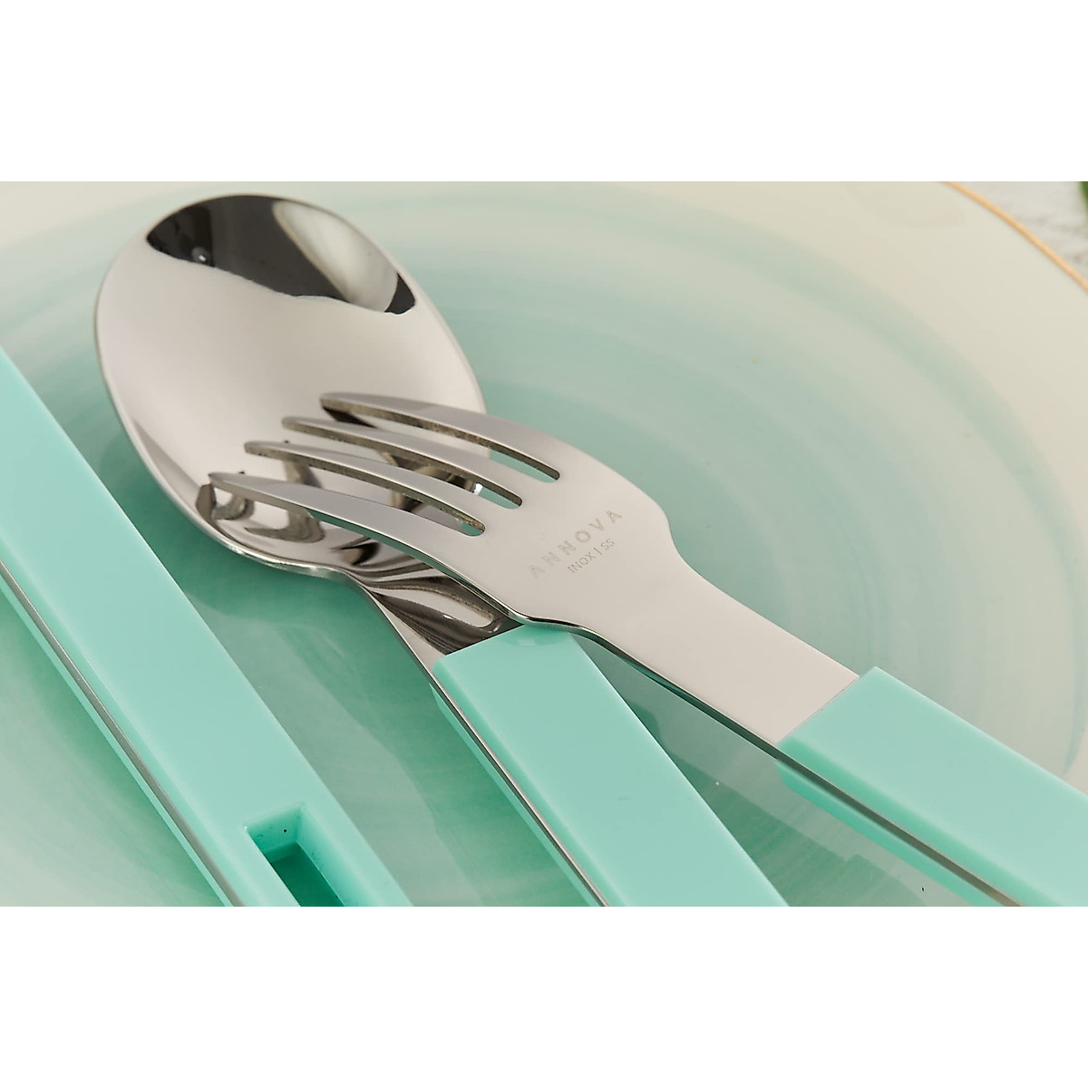 ANNOVA Silverware Set 20 Pieces Stainless Steel Cutlery Color Block Handle Modern Style Flatware - 4 x Dinner Knife; 4 x Dinner Fork; 4 x Salad fork; 4 x Dinner Spoon; 4 x Dessert Spoon (Turquoise)