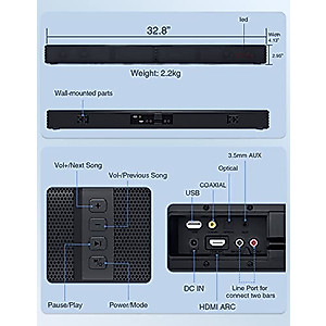 Puxinat 2 in 1 Separable Sound Bars for TV, 2.2 Channel 32Inch Bluetooth 5.0 TV Speaker for Surround Sound System, Built-in Dual Subwoofer, Bass Adjustable, Remote Control Included