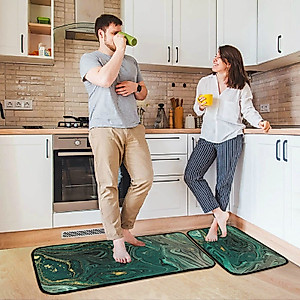 J JOYSAY Green Marble Kitchen Rugs and Mat 2 Pieces Set Cushioned Anti Fatigue Kitchen Mat Non Slip Comfort Standing Rug Washable Farmhouse Decor for Sink Table Fridge Fall