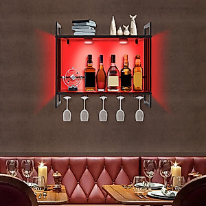 CeRaBuRET Wall Mounted LED Wine Rack, Wine Bottle Rack, Metal Hanging Wine Holder with 5 Stem Glass Holders for Storing Wine Bottles, 23.6 * 7.87 * 21.26inch