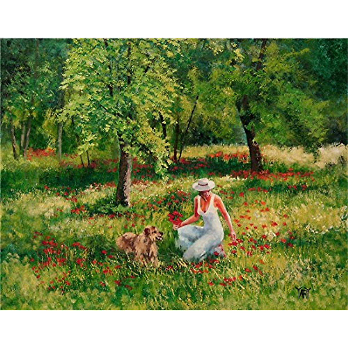 Springtime, Figure Painting of a Woman in Flower Field with Dog by Yary Dluhos