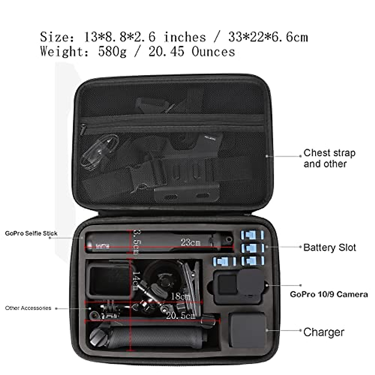 PellKing Large Carrying Surface-Waterproof Case for GoPro11,10,9 Camera,Hard Shell Bag with EVA Liner Compatible for GoPro hero 10,9,with Fully Customizable Interior Carry Handle and Carabiner Loop