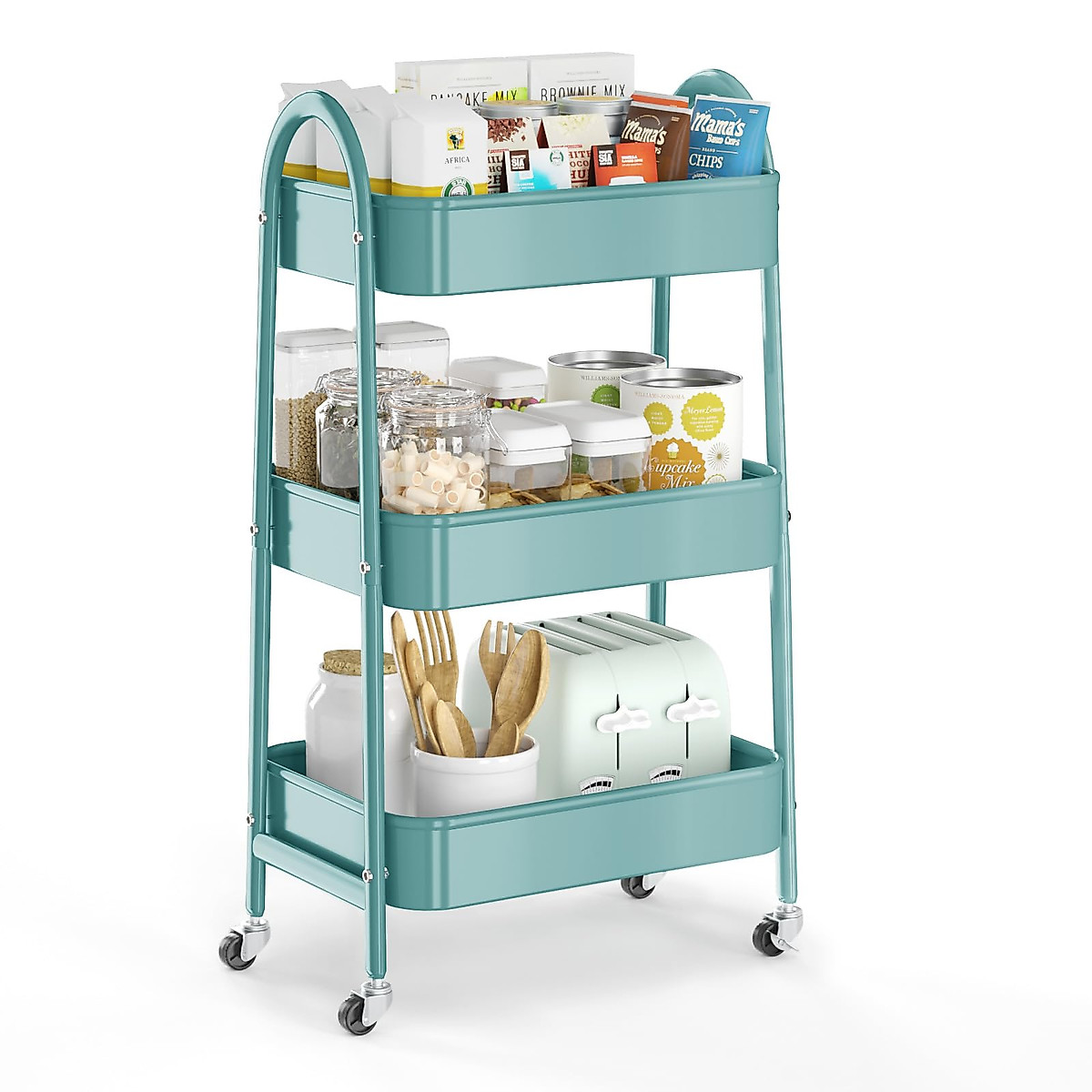 EAGMAK 3 Tier Utility Rolling Cart, Metal Storage Cart with Handle and Lockable Wheels, Multifunctional Storage Organizer Trolley with Mesh Baskets for Kitchen, Living Room, Office, Garage (Green)
