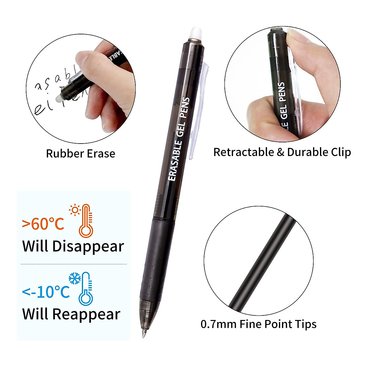 Vitoler 10 Pack Erasable Gel Pens, 0.7 mm Fine Point Retractable Pens, Black Ink Erasable Pens for Completing Sudoku and Crossword Puzzles