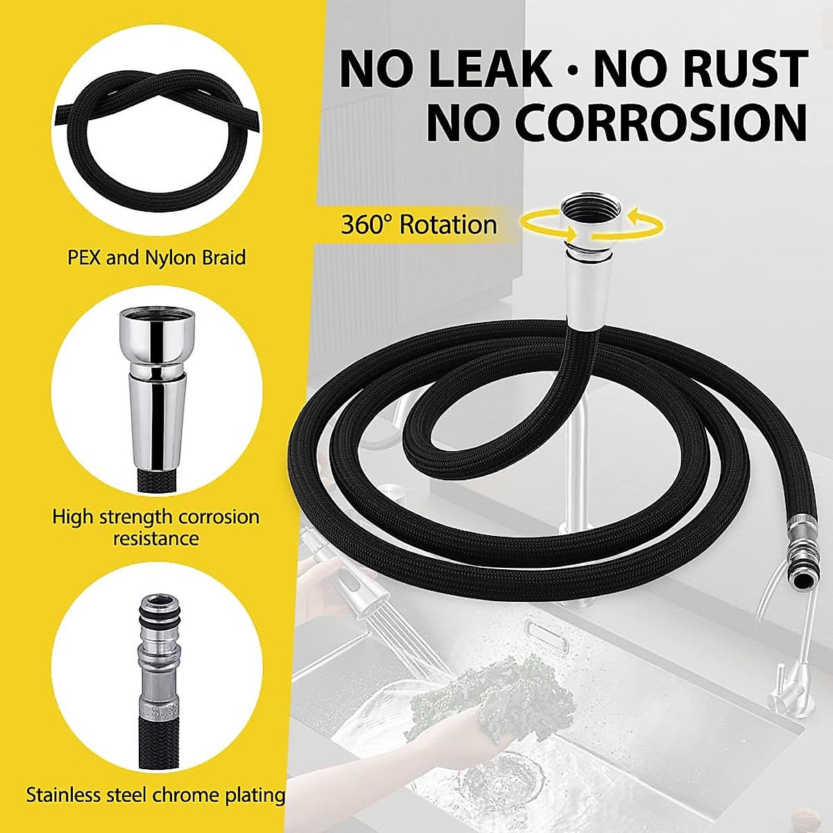 Kitchen Pull Down Faucet Hose Replacement Parts, M15*1mm X G1/2 X 150cm Black Pull Out Sink Spray Hose Anti Entanglement with 3/4” Connector
