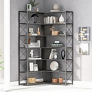 Corner Bookcase, 7-Tier L-Shaped Tall Bookshelf with Open Storage, Freestanding Industrial Etagere Shelf with Metal Frame for Home Office Funiture, Grey, Silver Frame