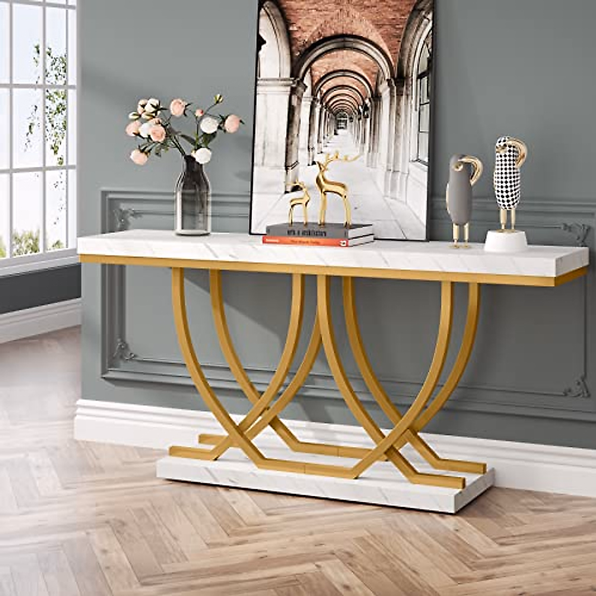 Tribesigns 59 Inch Modern Console Table, Faux Marble Entryway Table Gold Sofa Table Behind The Couch, Luxury Hallway Table Accent Table for Living Room, Entrance, Foyer, White and Gold