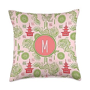 Chinoiserie Pattern Gifts by Southerngal Personalized 'M' Chinoiserie Chinese Dragon Pink Green Throw Pillow, 18x18, Multicolor