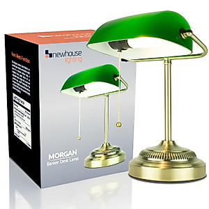 Newhouse Lighting Morgan Antique Green and Brass Glass and Metal Adjustable Energy-Efficient LED Classic Banker Lamp with 1 Free 3.5-Watt LED Bulb Included