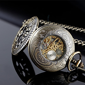 Alwesam Men's Mechanical Hand Wind Pocket Watch Roman Numerals Steampunk with Chain Box