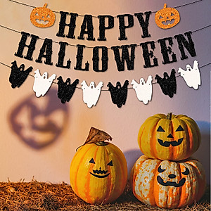 Glitter Happy Halloween Banner Black and White Ghost Garland Happy Halloween Garland With Pumpkin Halloween Garland for Mantle Happy Halloween Fireplace Banner For Halloween Party Decorations
