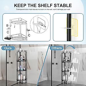 OGEMXU Corner Shower Caddy Stand, 4 Tier Shower Organizer Corner for Bathroom Shampoo Storage, Unshakable Sturdy Floor Shower Shelf with Soap Holder, Rustproof Metal Stand with 4 Hooks, Black