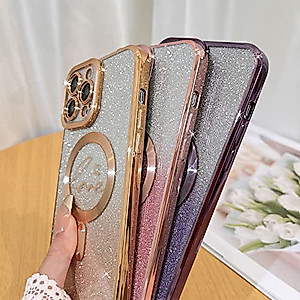 Fiyart Compatible with iPhone 14 Pro Max Case,Compatible with MagSafe Love Heart Plating Camera Protection Clear Phone Case, Magnetic Glitter for Women Girls Shockproof Back Bumper 6.7"-Purple