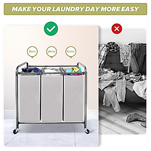 STORAGEIDEAS Laundry Sorter Hamper with Wheels, Heavy-Duty Laundry Sorter Rolling Cart, Lockable Wheels and Removable Bags, 3 Sections, Grey