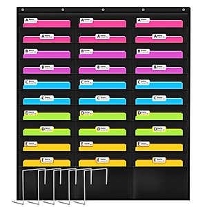 Godery Organization Pocket Chart，Wall File Pocket Folder Organizer with 30 Pocket Chart Plus 5 Hangers Hooks, The Perfect Pocket Chart for Classroom, School, Office or Home Use (30 Pocket)