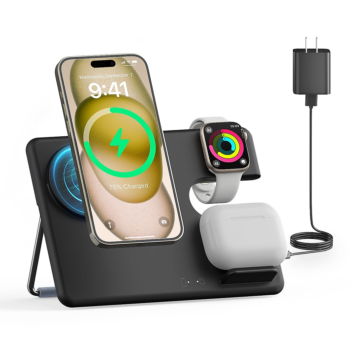 3 in 1 Wireless Charger Stand for Magsafe: 𝟮𝟬𝟮𝟰 𝗡𝗲𝘄 Charging Station for iPhone 15/14/13/12 Series - Magnetic Phone Pad for Apple Watch Ultra 2/Series 9/8/7/6/5/4/3/2/SE, AirPods Pro 3rd/2nd