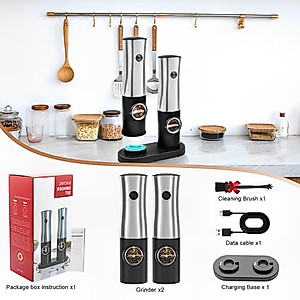 Electric Salt and Pepper Grinder Set, Adjustable Coarseness Automatic Pepper and Salt Mill Powered Refillable with Rechargeable Base, One Hand Automatic Operated Kitchen Gadgets, Stainless Steel