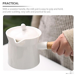 Ciieeo Enamel Milk Pot 350ml Mini Butter Warmer Non-stick Milk Heating Pot Small Enamelware Saucepan with Wood Handle and Lid for Heating Liquid Portions White