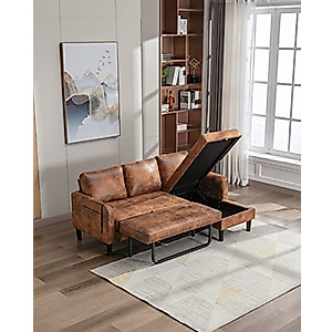 Eafurn Sectional Pull Out Bed, PU Leather Upholstered 3 Seats Sleeper Chaise Lounge w/Storage, Modern Design 72" L-Shaped Corner Sofa & Couches for Living Room, 50" D x 72.44" W x 31.5" H, Coffee