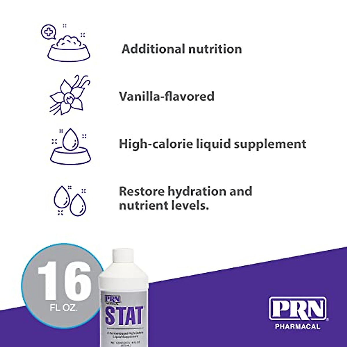 PRN Pharmacal STAT - High Calorie Nutritional Supplement to Help Restore Hydration & Nutrition Levels in Animals - Vanilla Flavored Dietary Support with Vitamin A, D3, C, E, & More - 16 Fl Oz