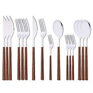 Uniturcky Silverware Set for 4, 16-Piece Stainless Steel Flatware Cutlery Set, Tableware Eating Utensil Set with Wooden Effect Handle, Include Knife Fork Spoon, Mirror Polished, Dishwasher Safe