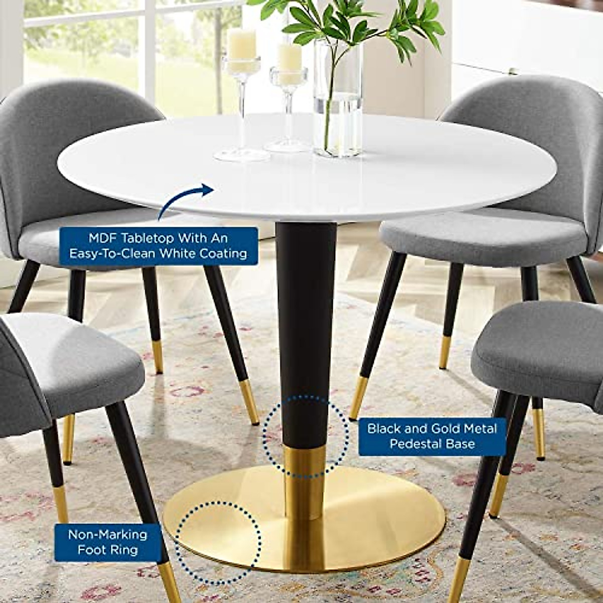 Modway Zinque Round Modern 40" Dining Table in Gold White, 40 Inch